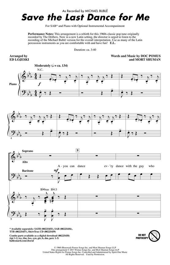 Save The Last Dance For Me (Michael Bublé) » Spartiti per coro misto ...